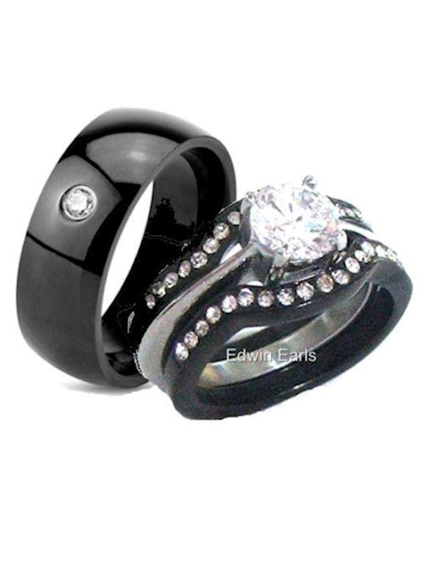 His Hers 4 Piece CZ Black Plated Stainless Steel Matching Wedding Band ...