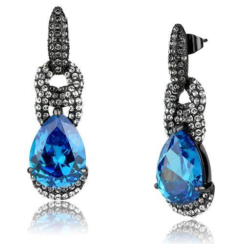 Blue Pear Shaped Crystal Stone Dangle Earrings Black IP Stainless Steel ...